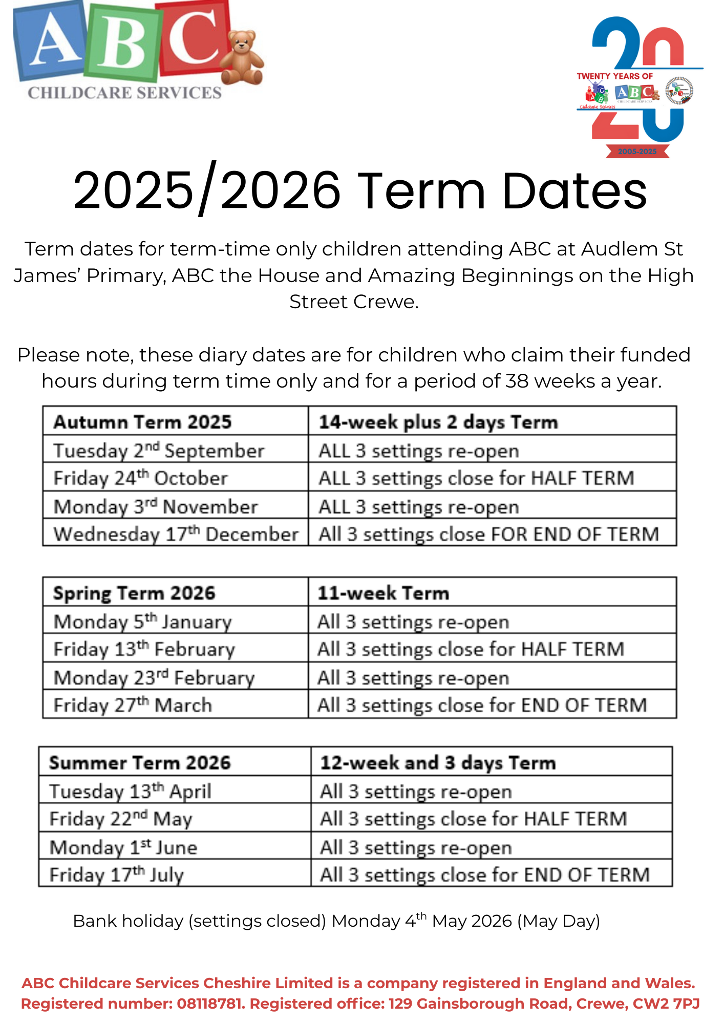 Term dates – ABC Childcare Services